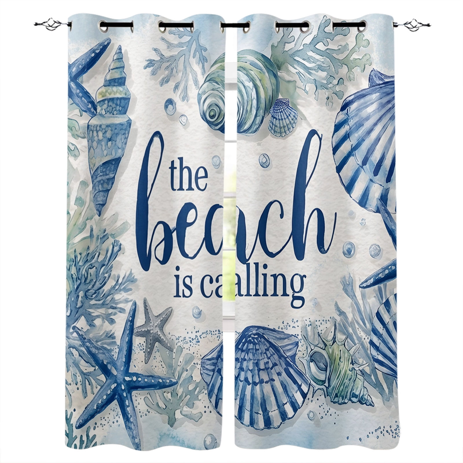 Blue Beach Coastal Blackout Curtains for Bedroom Living Room Darkening ...