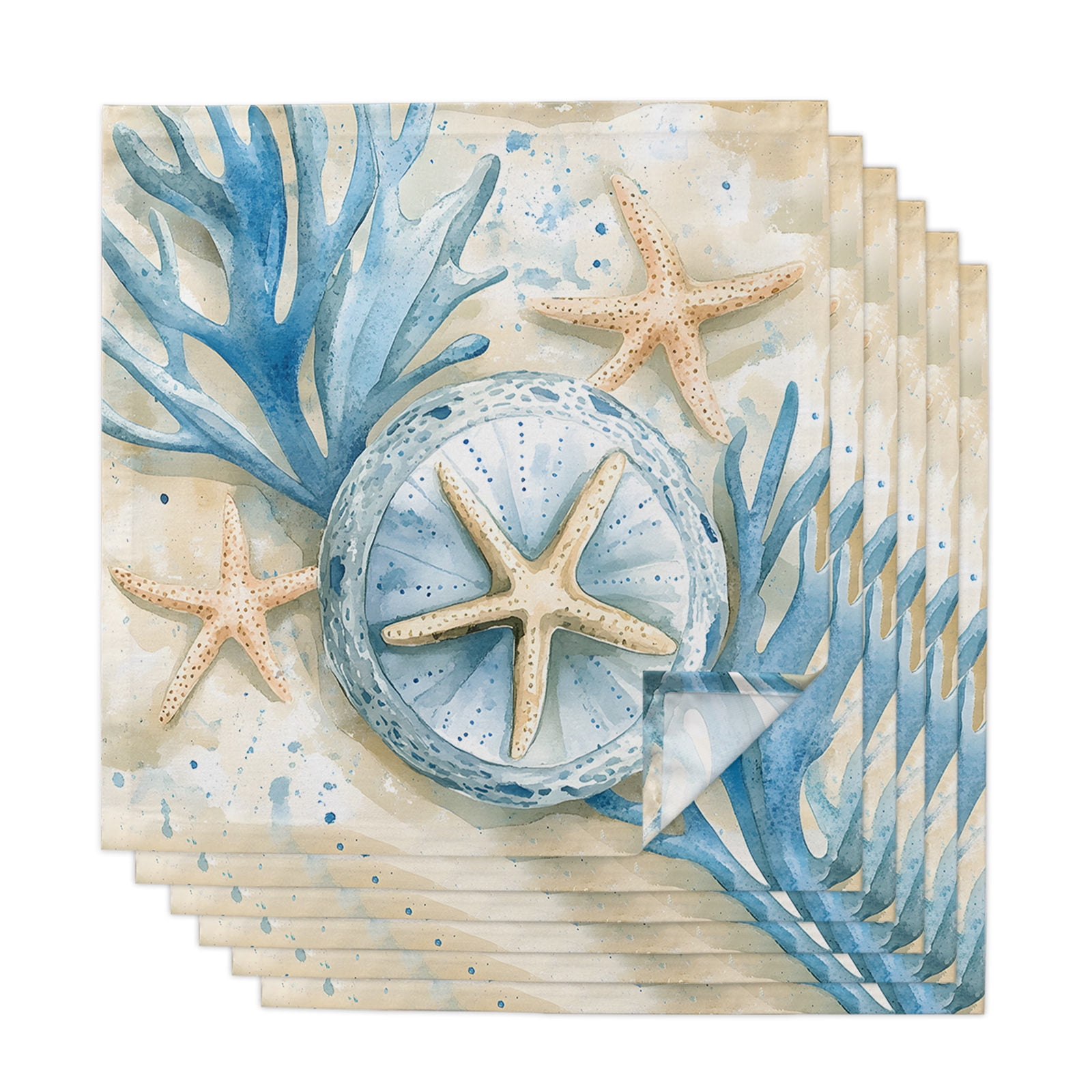 Blue Beach Coastal Cloth Napkins, Summer Starfish Nautical Shell ...