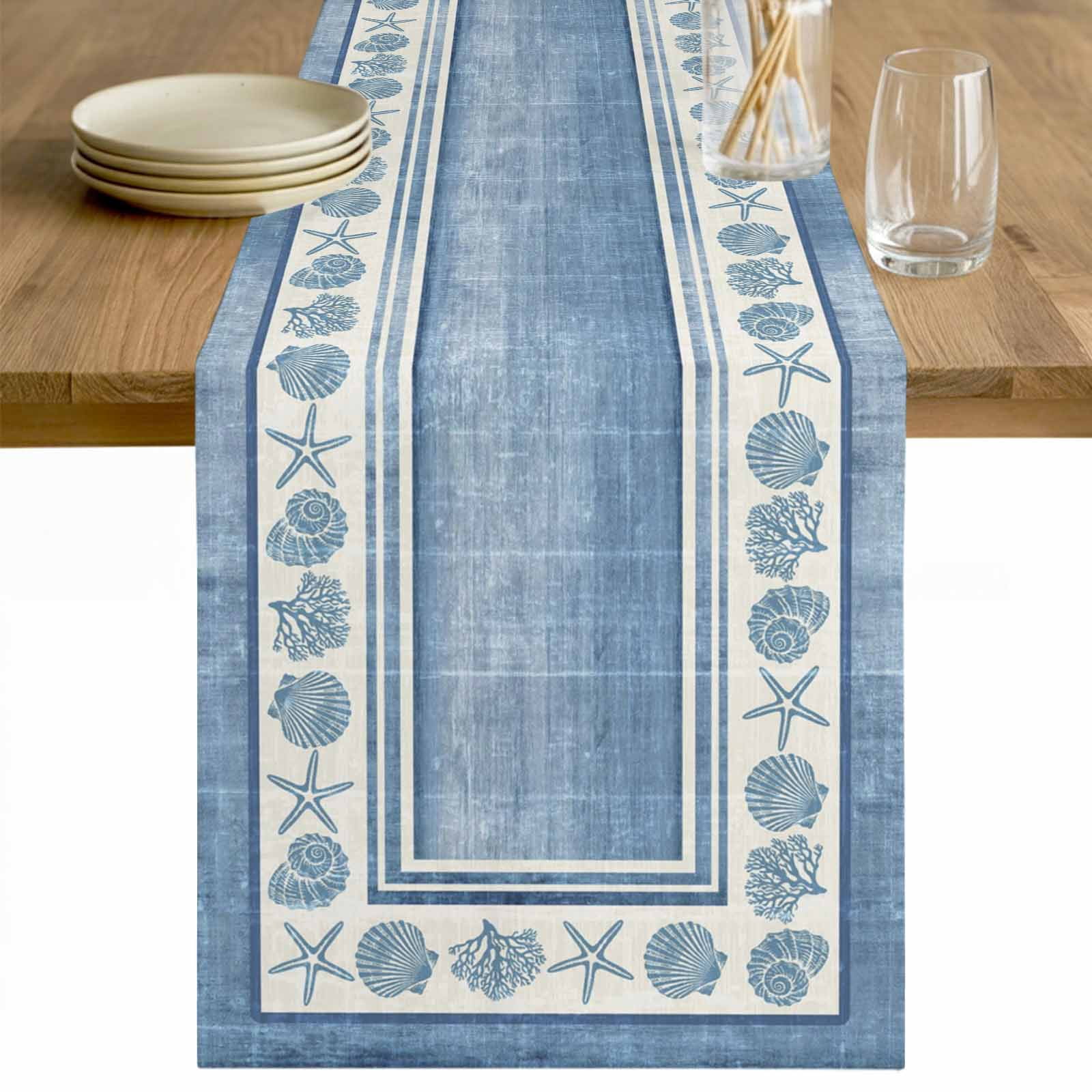 Blue Beach Coastal Cotton Linen Rectangle Table Runners 13"x120 ...