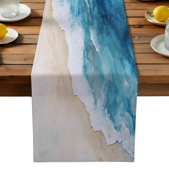 Blue Beach Coastal Cotton Linen Table Runner for Dining Kitchen, Summer ...
