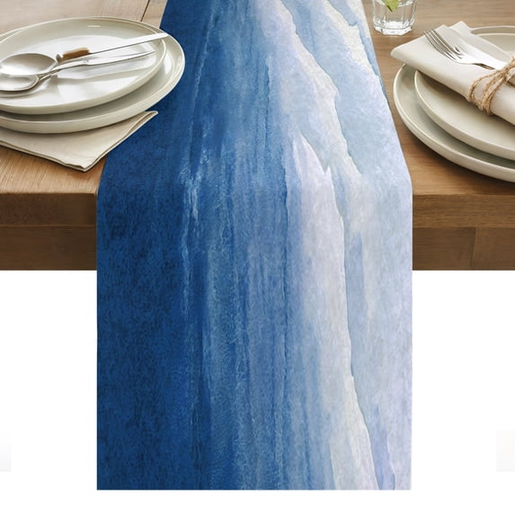 Blue Beach Coastal Cotton Linen Table Runner Summer Nautical Ocean Wave ...