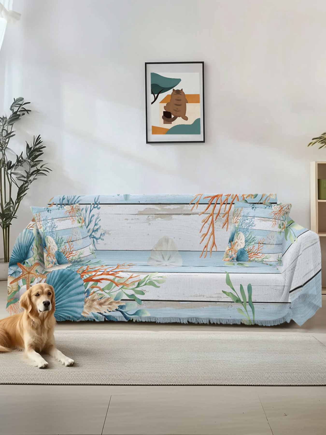 Blue Beach Coastal Couch Cover for Dogs, Summer Nautical Coral Shell ...
