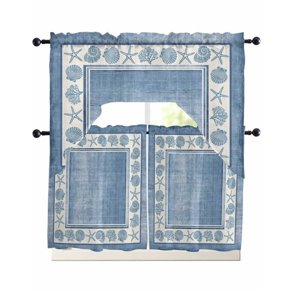 Blue Beach Coastal Kitchen Curtains Set for Windows 3 Piece Cafe ...