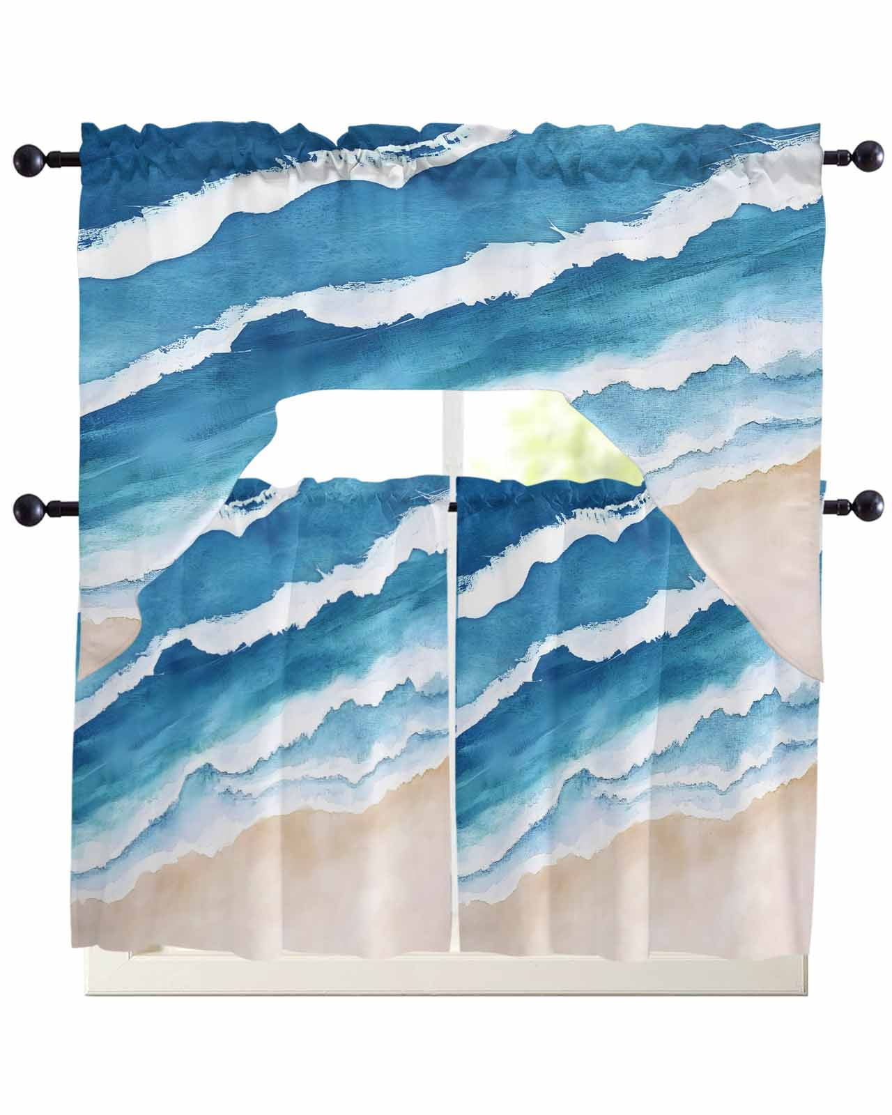 Blue Beach Coastal Kitchen Curtains Sets 24 Inch Length with Valance ...