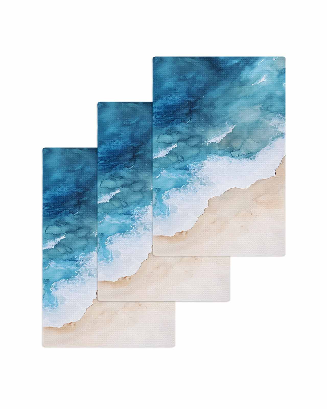 Blue Beach Coastal Kitchen Dish Towels for Drying Dishes Set of 3, Summer Ocean Waves Gradient ...