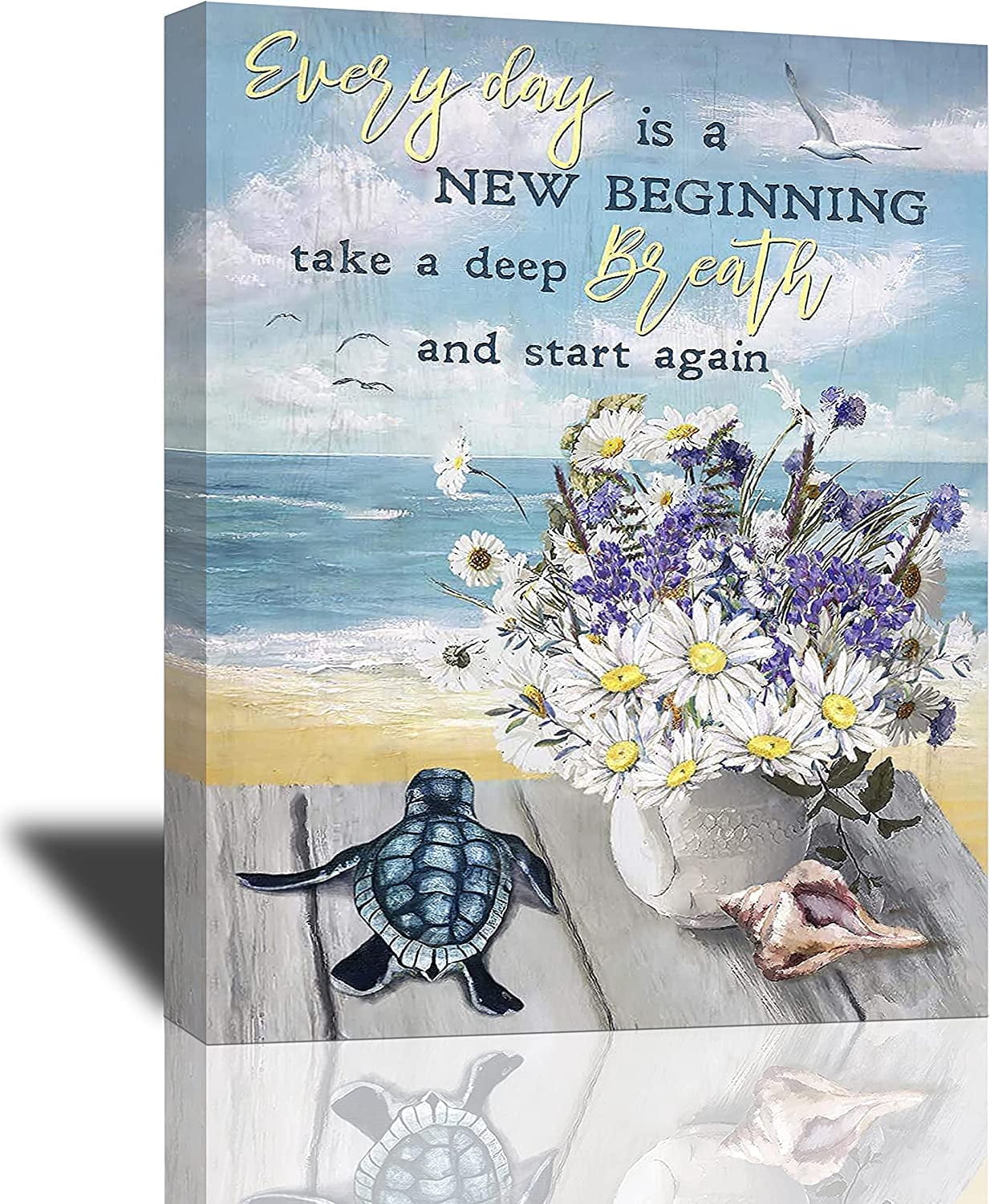 Blue Beach Coastal Pictures Bicycle Turtle Flower Canvas Painting Ocean ...