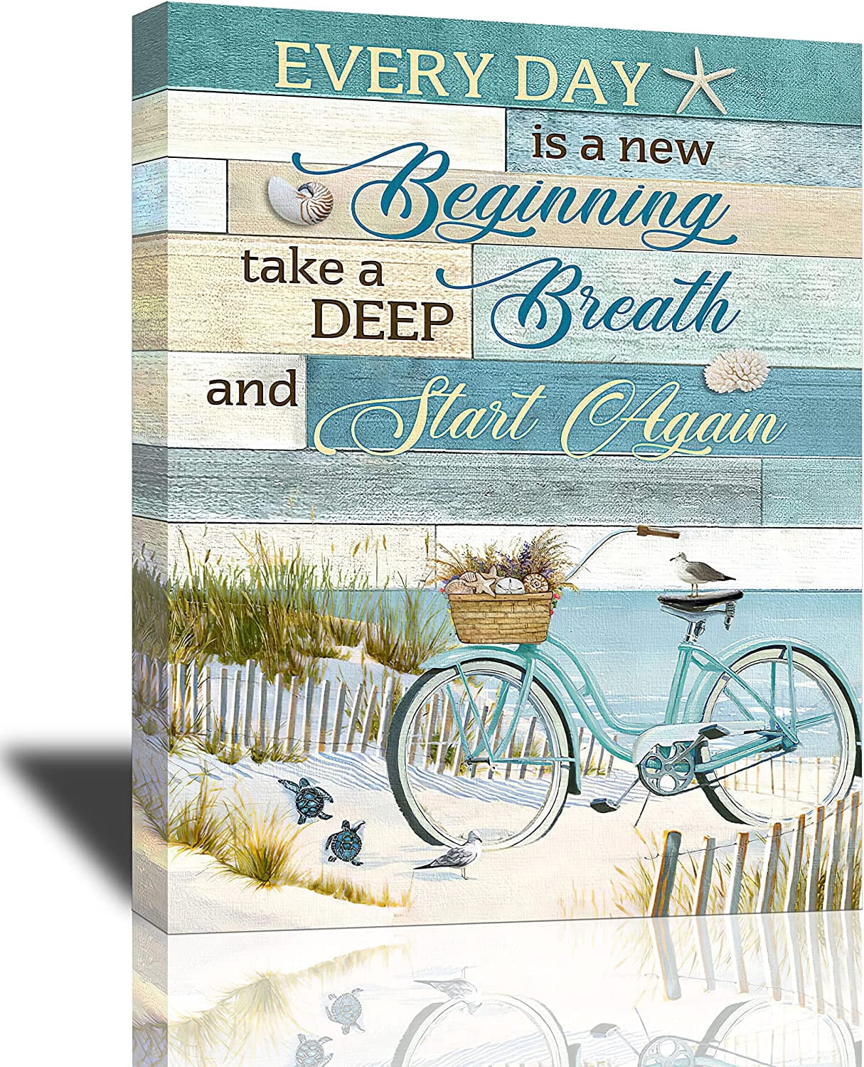 Blue Beach Coastal Pictures Bicycle Turtle Flower Canvas Painting Ocean ...