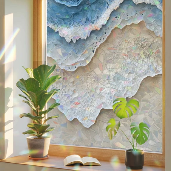 Blue Beach Coastal Privacy Window Film, Decorative Stained Glass Window ...