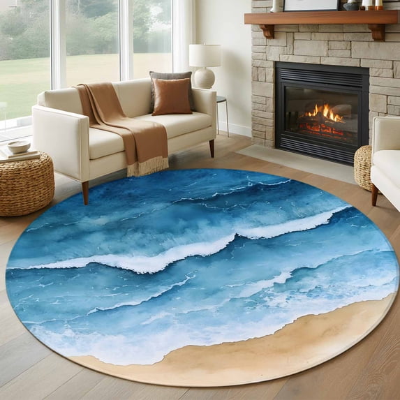 Blue Beach Coastal Round Area Rug 5 FT, Non Slip Bedroom Rugs, Summer ...