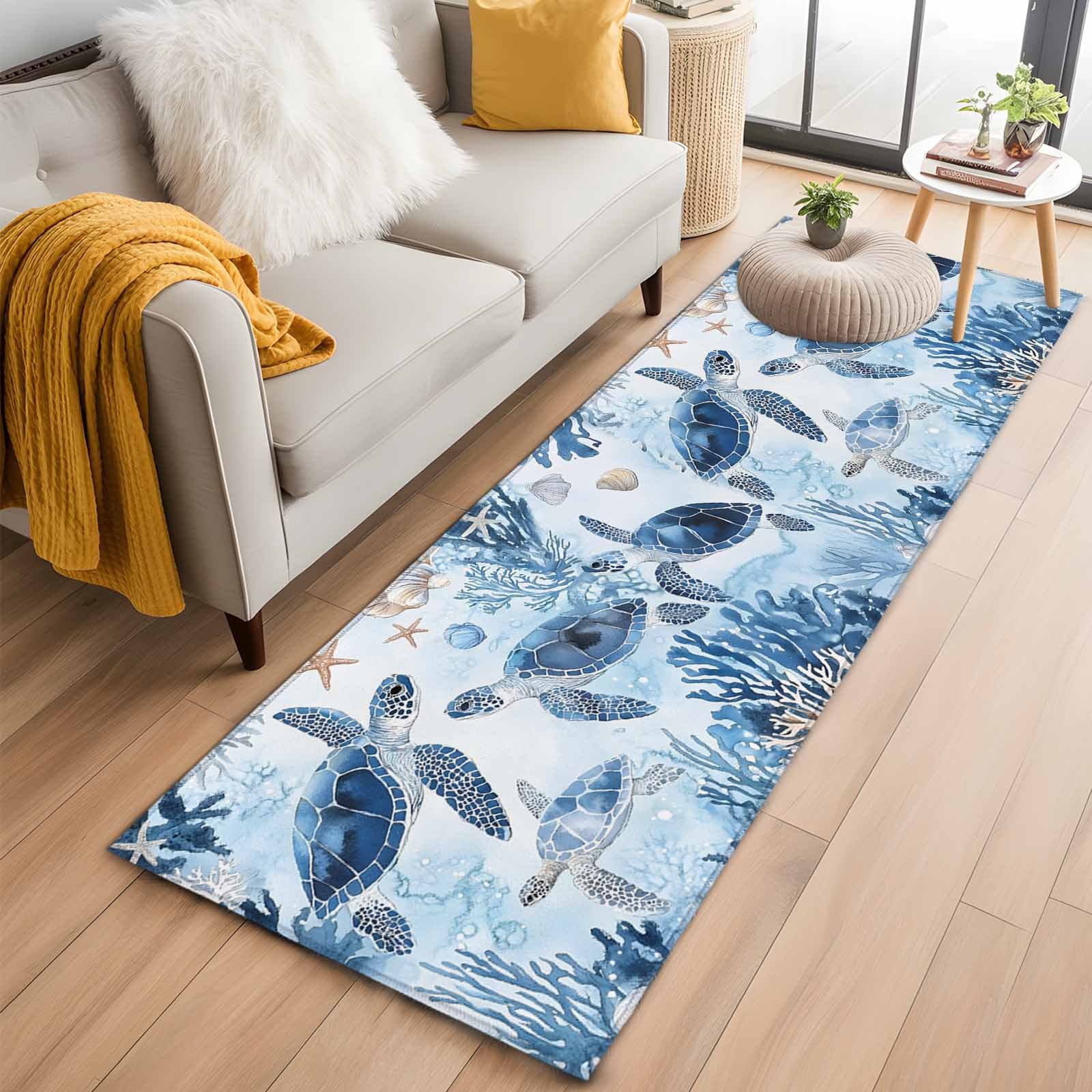 Blue Beach Coastal Runner Rug 2x6 FT, Non Slip Hallway Rugs, Coral ...