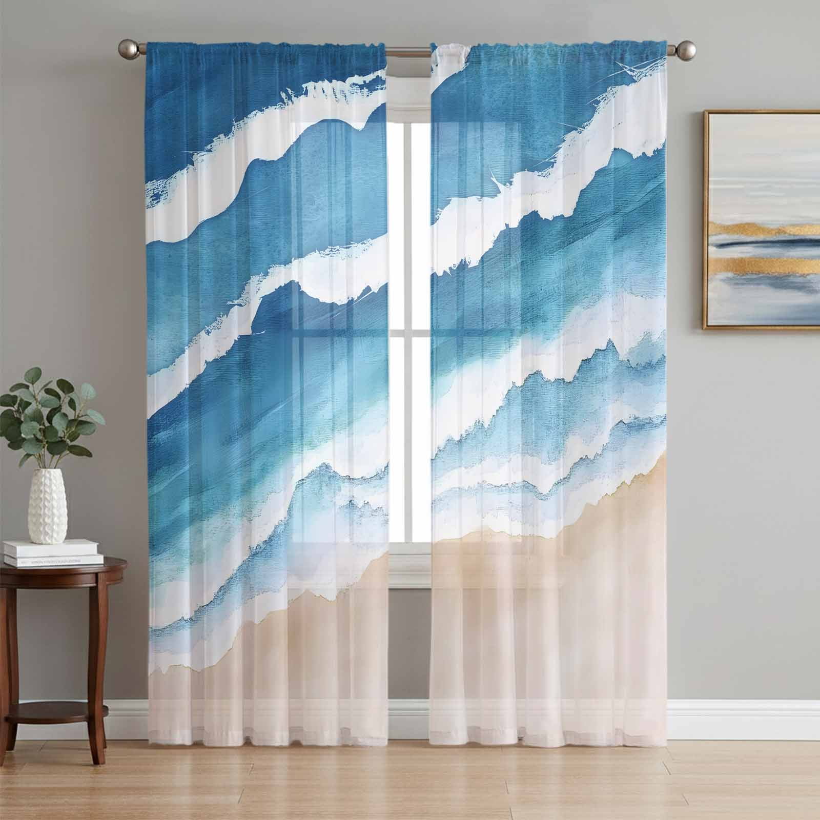 Blue Beach Coastal Semi Sheer Curtains 72 Inch Length 2 Panels Set ...