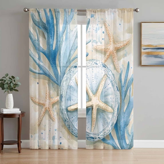 Blue Beach Coastal Semi Sheer Curtains 84 Inch Length 2 Panels Set ...