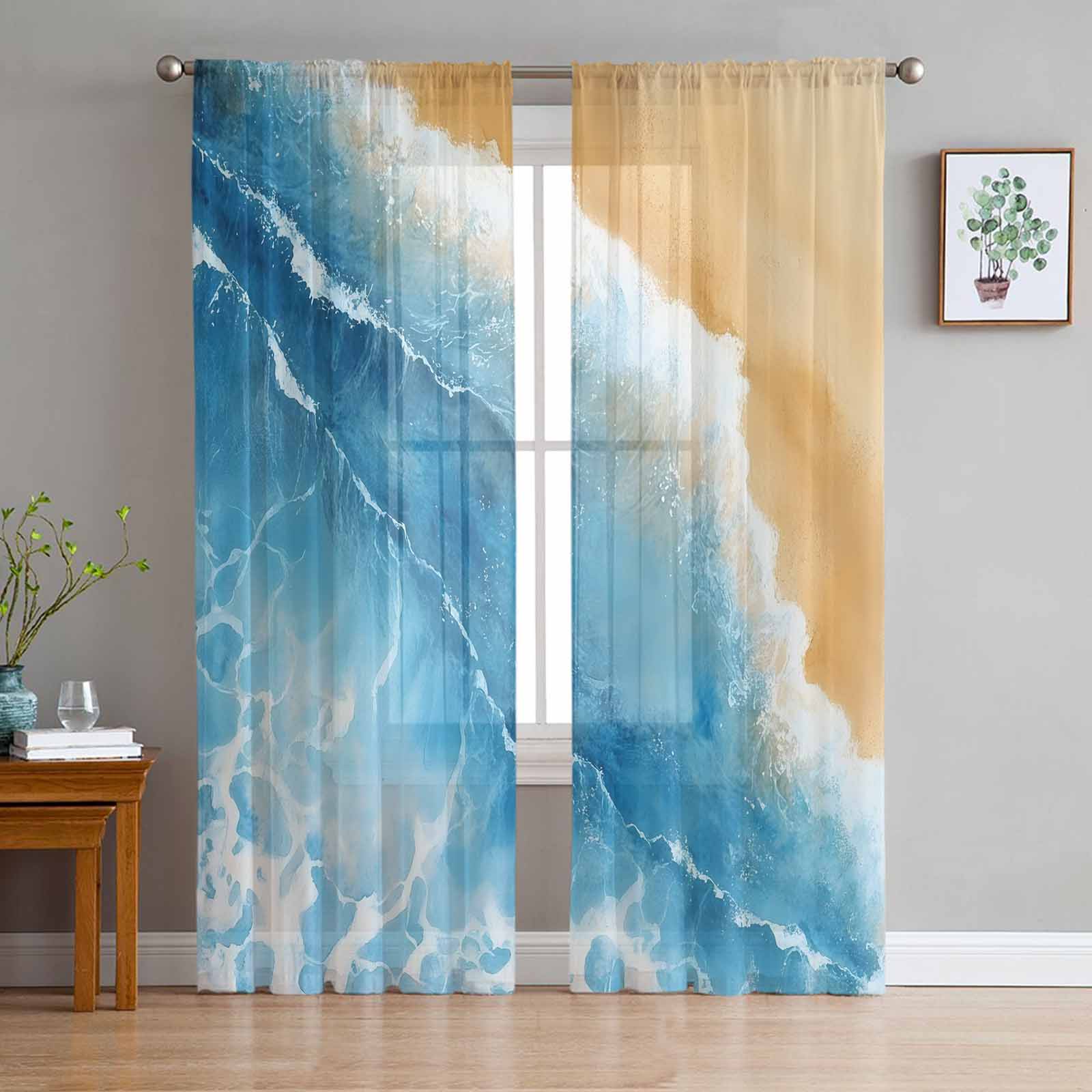 Blue Beach Coastal Sheer Curtains 108 Inch Length 2 Panels Set for ...