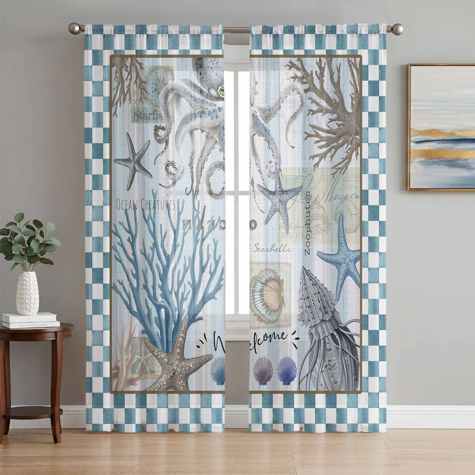 Blue Beach Coastal Sheer Curtains 63 Inch Length 2 Panels Set, Nautical ...