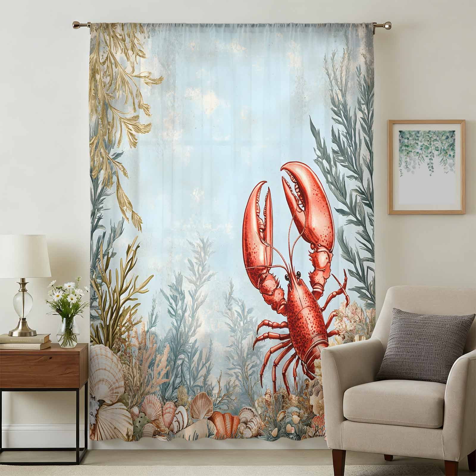 Blue Beach Coastal Sheer Curtains 63 Inches Long, Beach Coral Shell ...