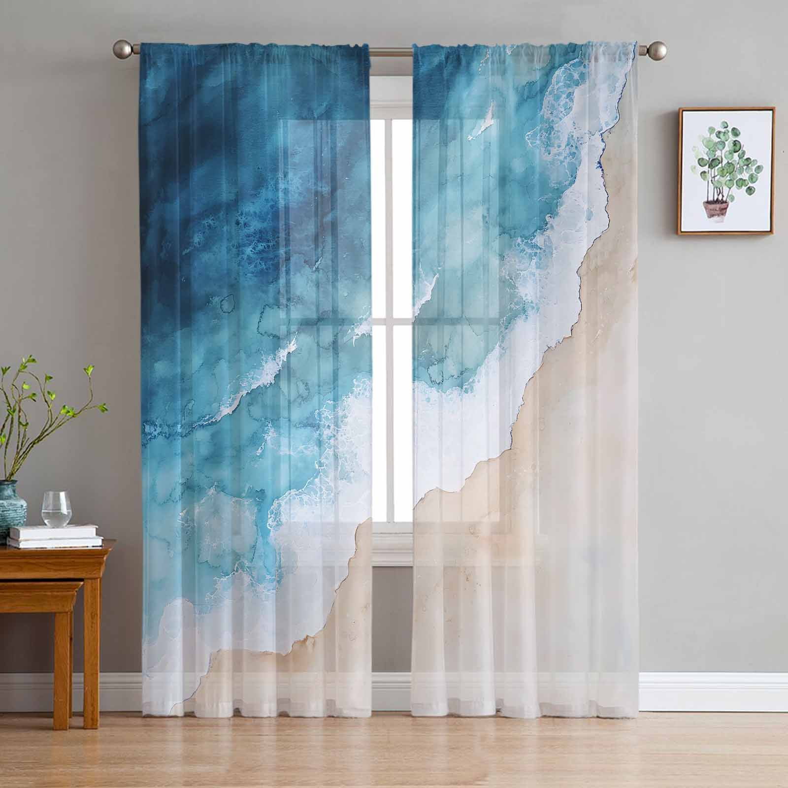 Blue Beach Coastal Sheer Curtains 84 Inch Length 2 Panels Set for ...