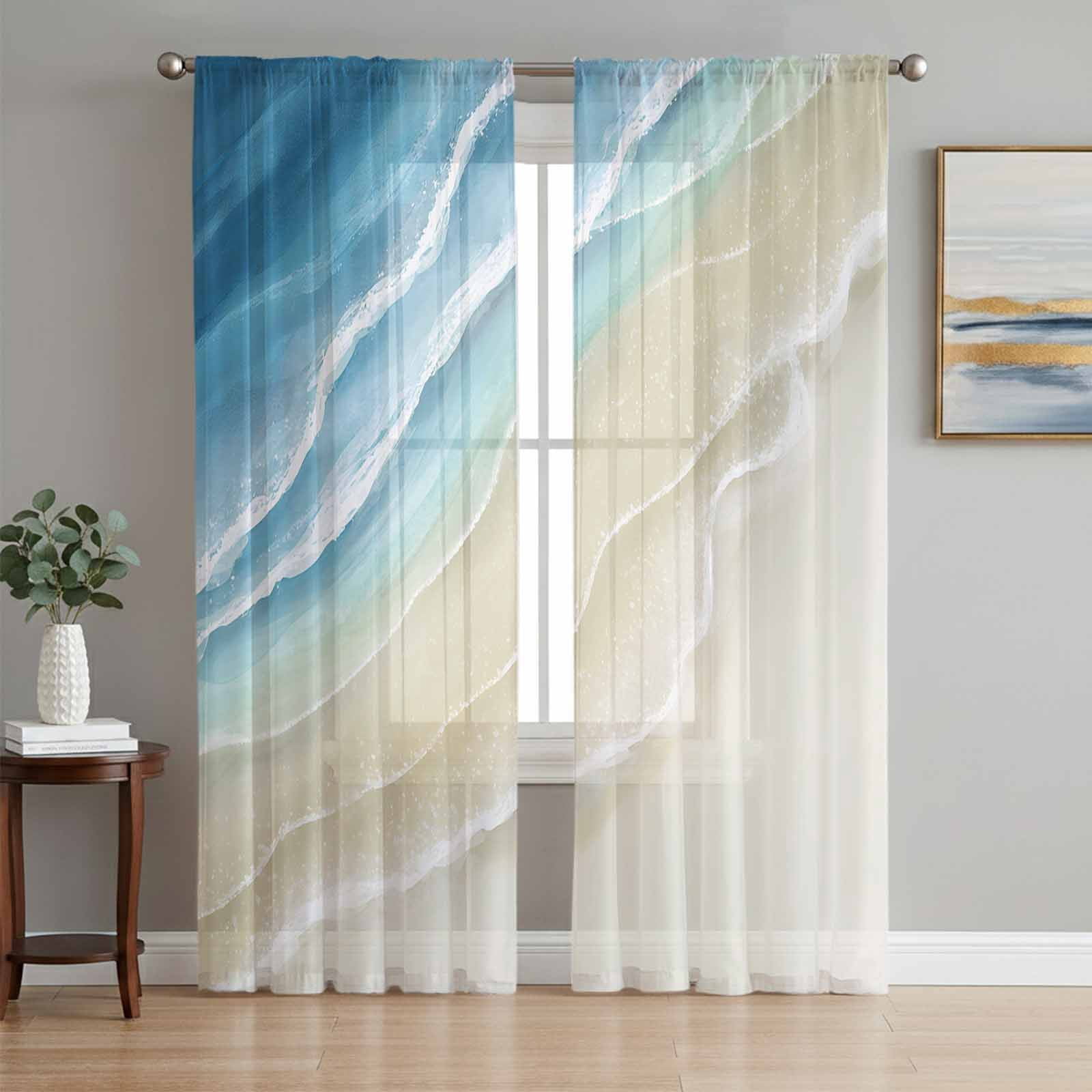 Blue Beach Coastal Sheer Curtains 84 Inch Length 2 Panels Set, Summer ...