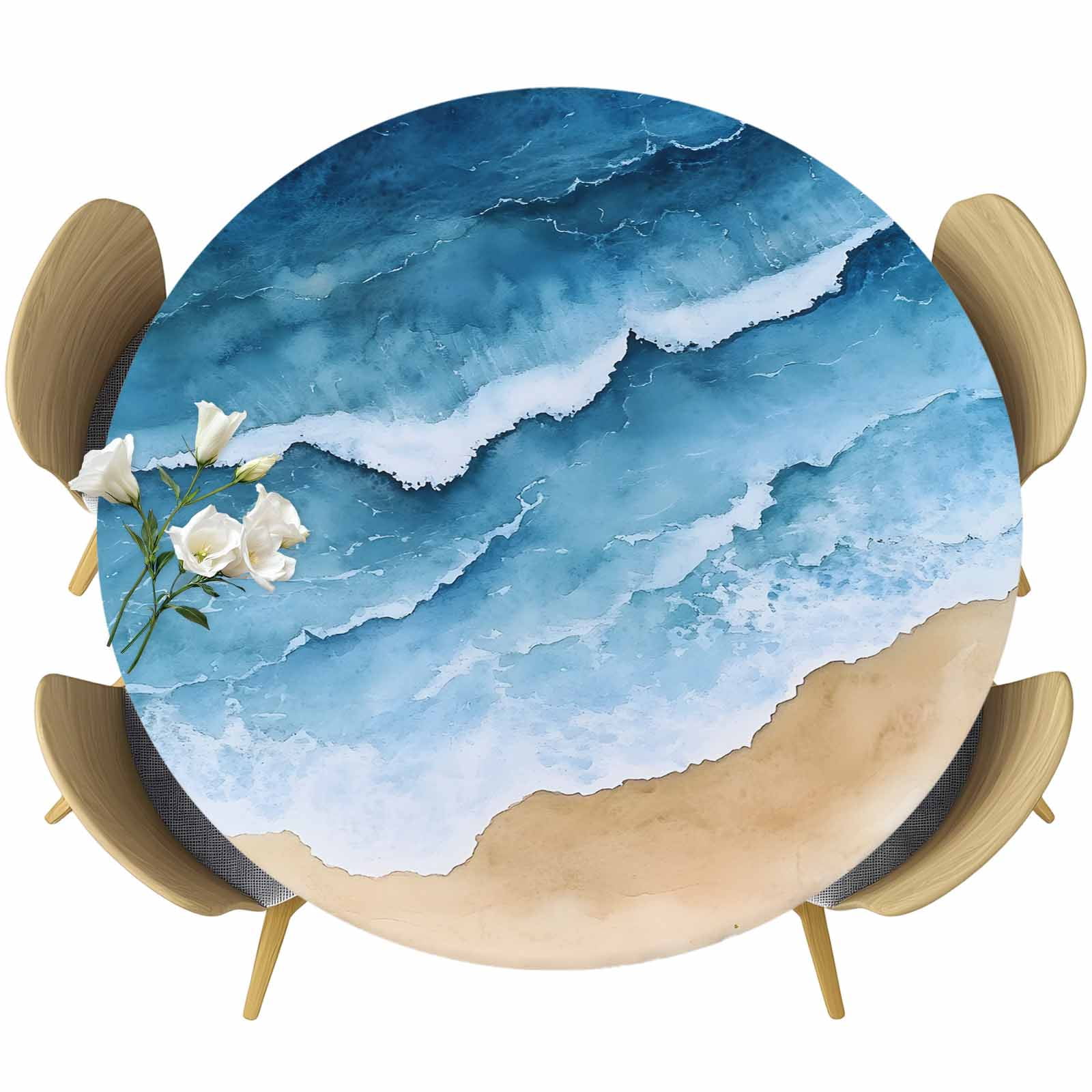 Blue Beach Coastal Table Cloth, Round Fitted Tablecloths with Elastic ...