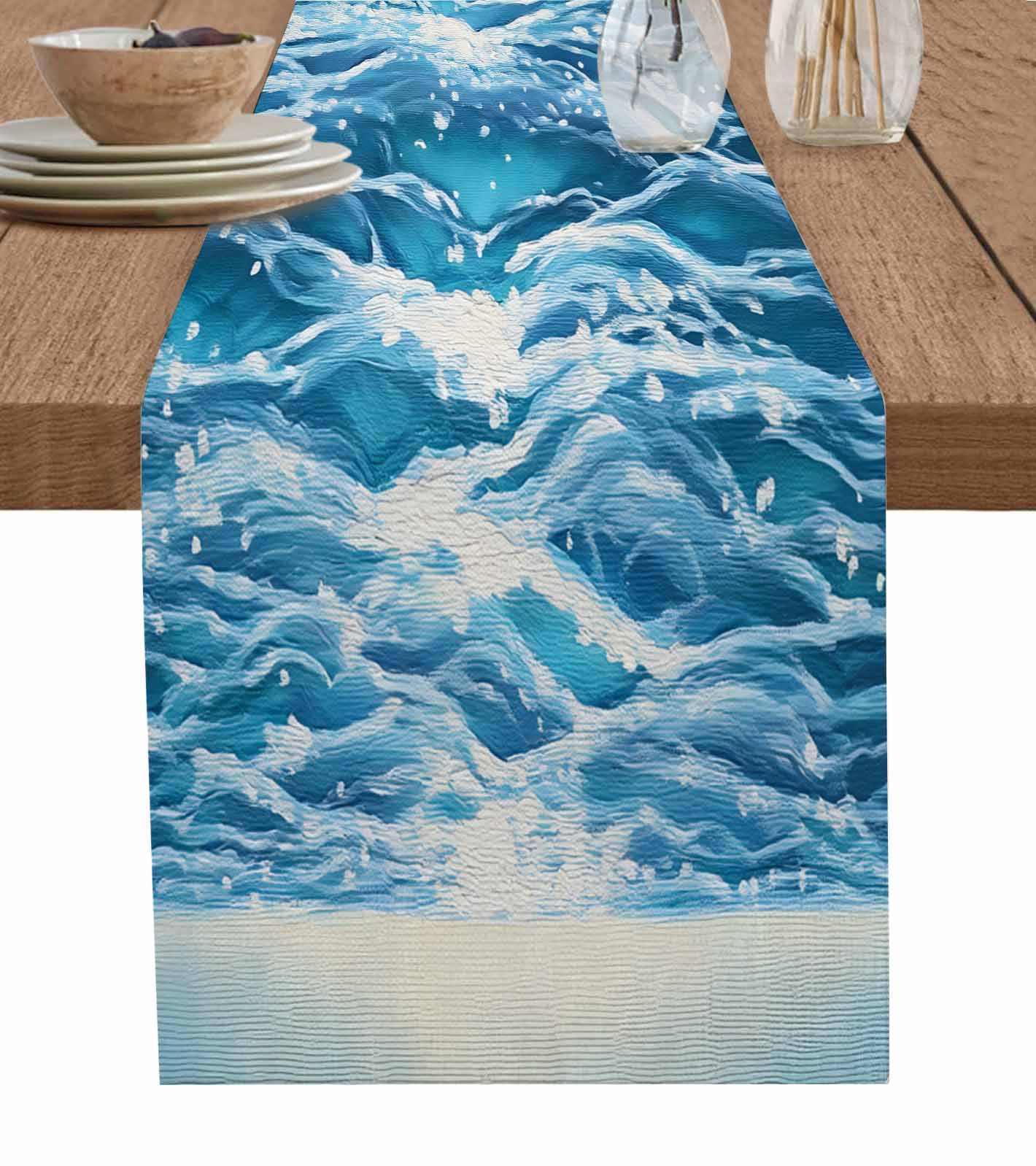 Blue Beach Coastal Table Runner 72 Inches, Watercolor Nautical Abstract ...