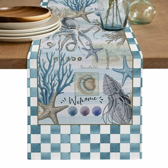 Blue Beach Coastal Table Runner, Nautical Seaside Coral Starfish ...