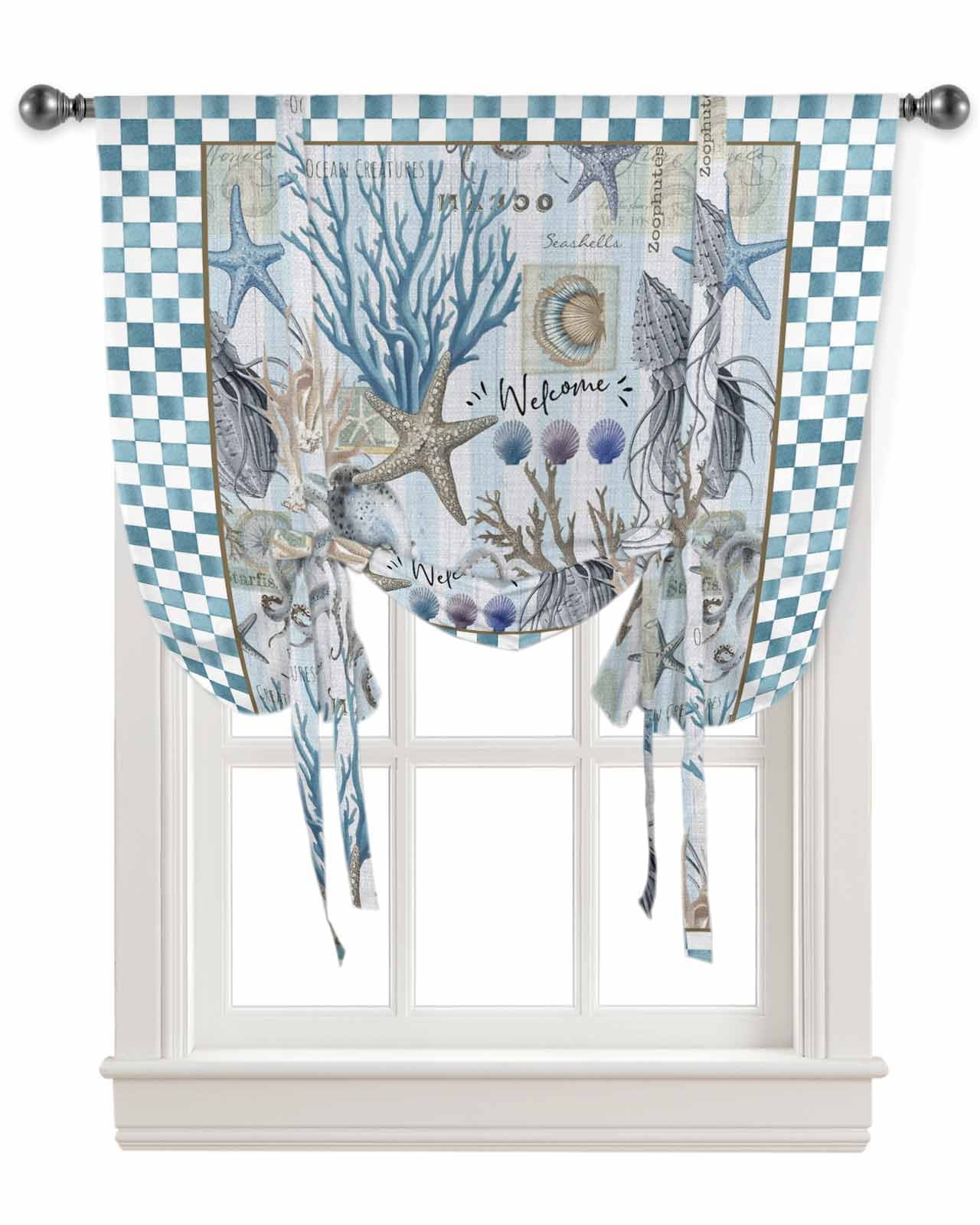 Blue Beach Coastal Tie Up Curtains for Kitchen Bathroom Bedroom Windows ...