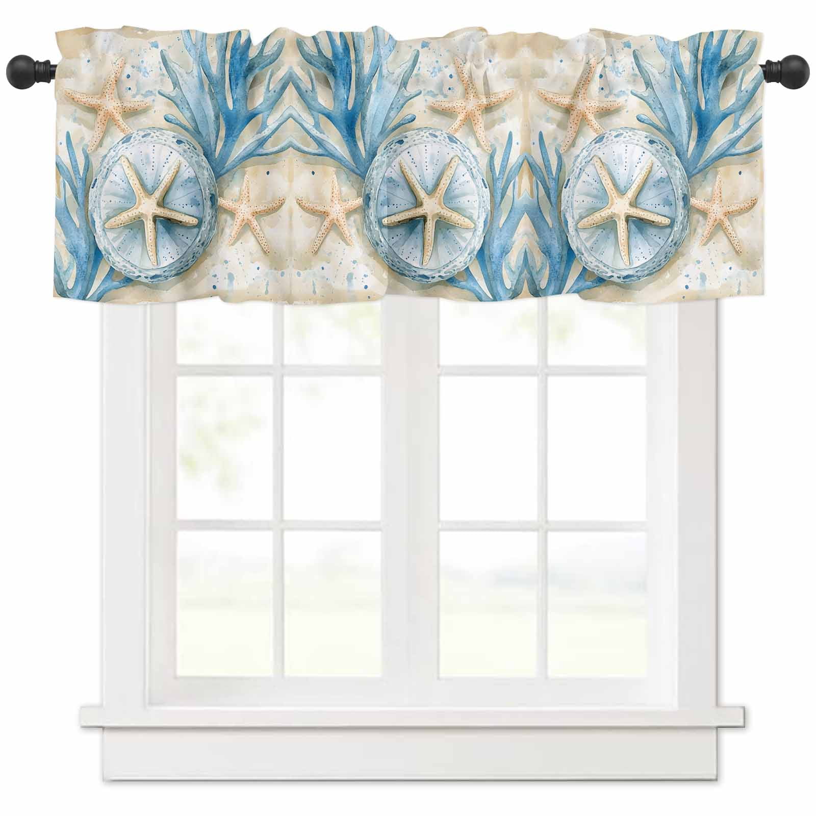 Blue Beach Coastal Valances for Windows Farmhouse Kitchen Curtains ...