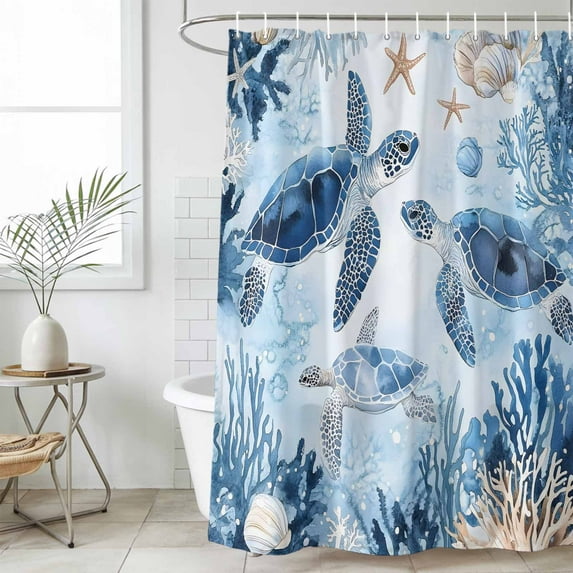 Blue Beach Coastal Waterproof Fabric Shower Curtain,Coral Nautical Sea ...