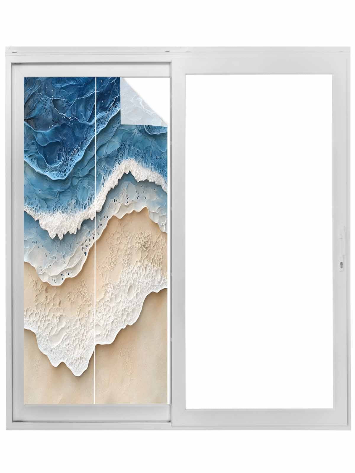 Blue Beach Coastal Window Privacy Film, Nautical Seaside Ocean Beige ...