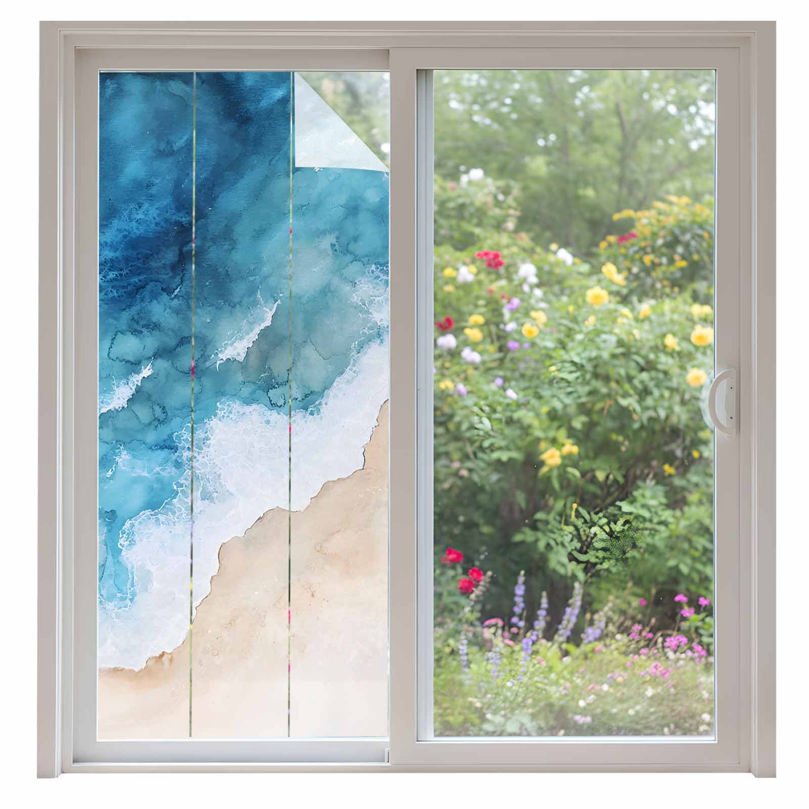 Blue Beach Coastal Window Privacy Film, Summer Ocean Seaside Nautical ...