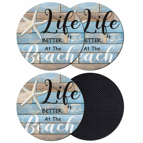 Blue Beach Coasters Set of 4, Coastal Starfish Graffiti Retro Wooden ...