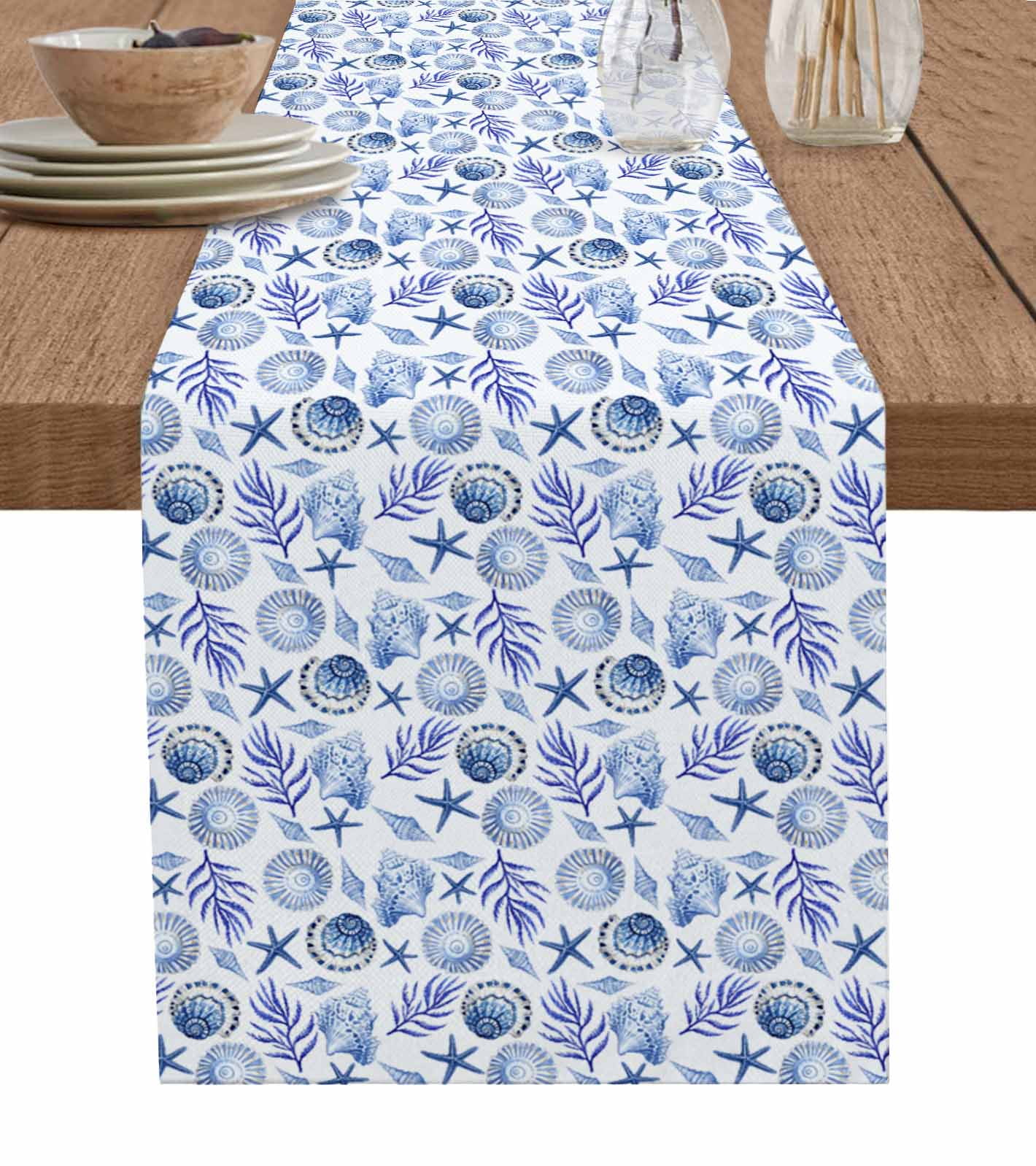 Blue Beach Conch Burlap Cotton Table Runner 13x108 Inches Long, Summer ...