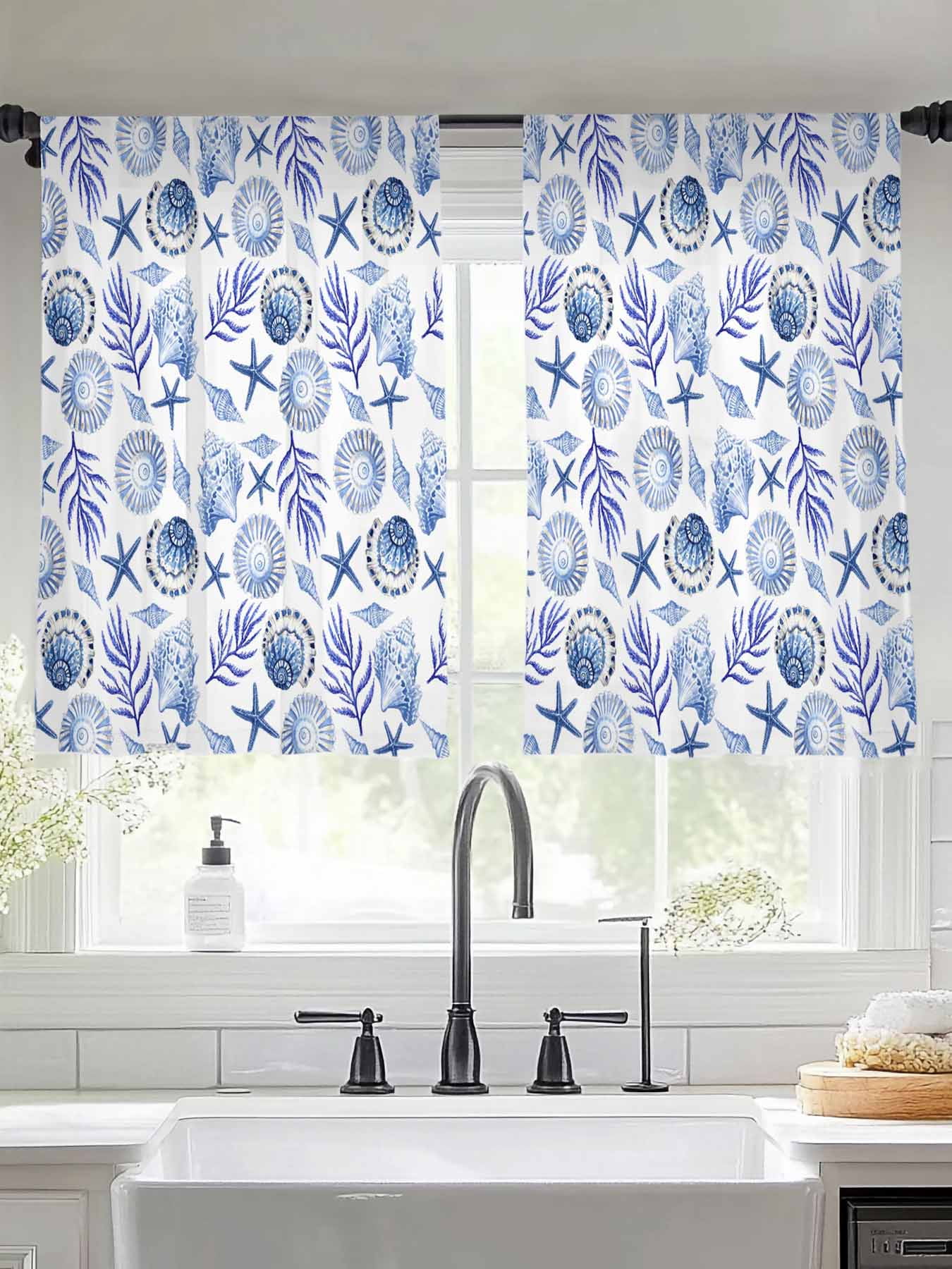 Blue Beach Conch Sheer Curtains for Living Room Bedroom Summer Ocean ...