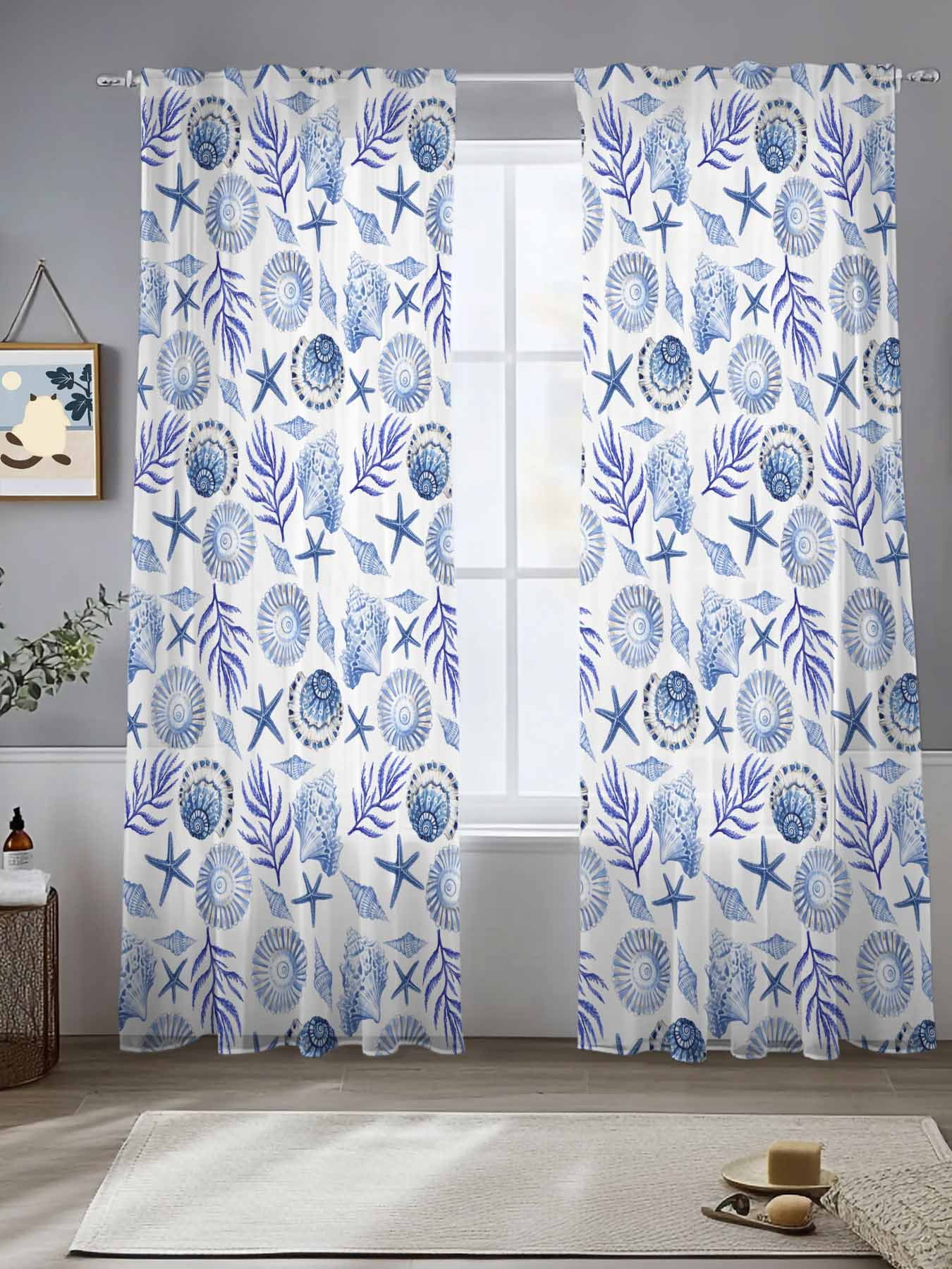 Blue Beach Conch Sheer Curtains for Living Room Bedroom Summer Ocean ...