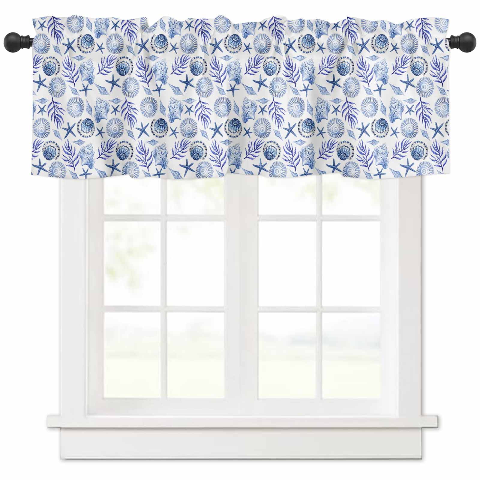 Blue Beach Conch Valances for Windows Farmhouse Kitchen Curtains ...