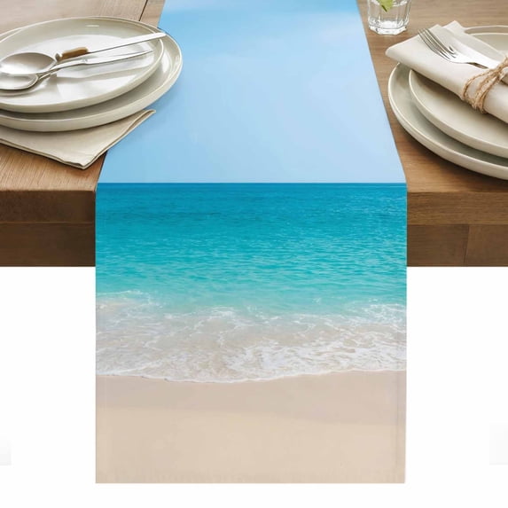 Blue Beach Cotton Linen Table Runner Coastal Ocean Wave Nautical Summer ...