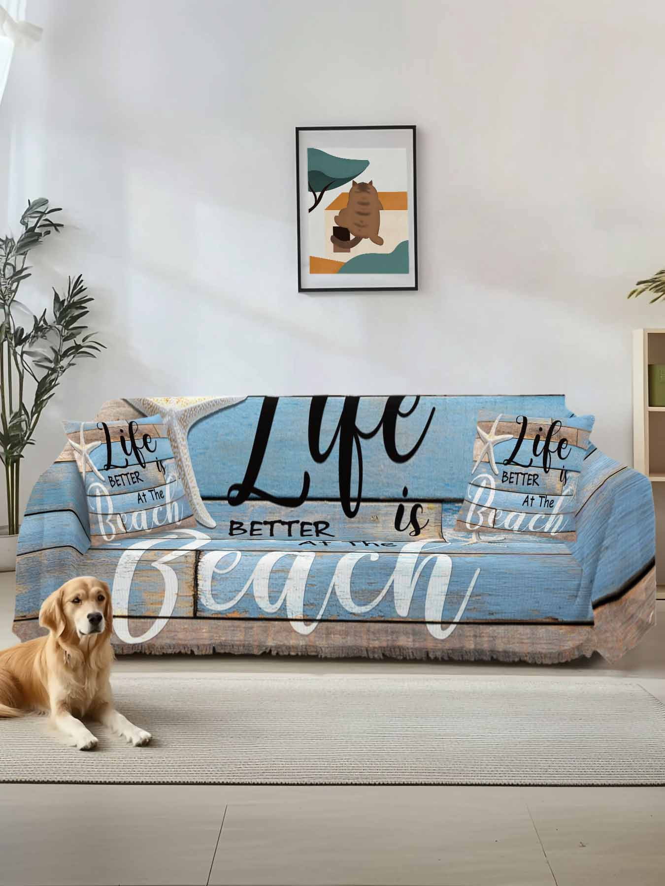 Blue Beach Couch Cover, Coastal Starfish Graffiti Retro Wooden Plank ...