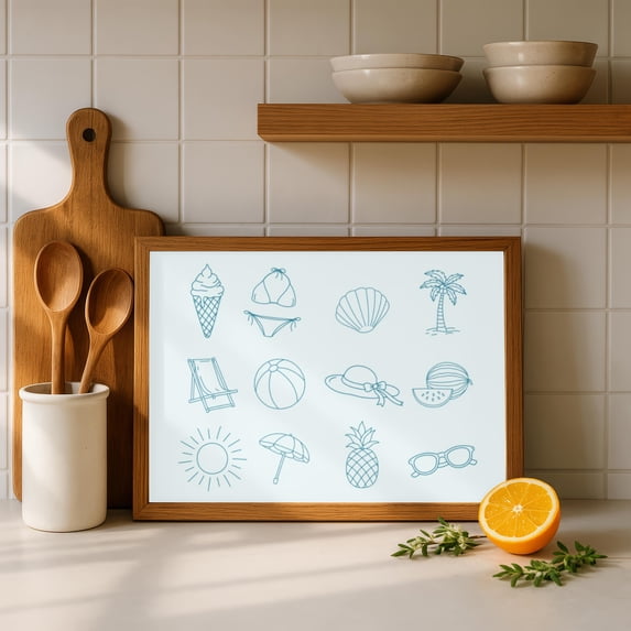 Blue Beach Doodle Art Coastal Summer Home Decor Office Wall Art Living ...