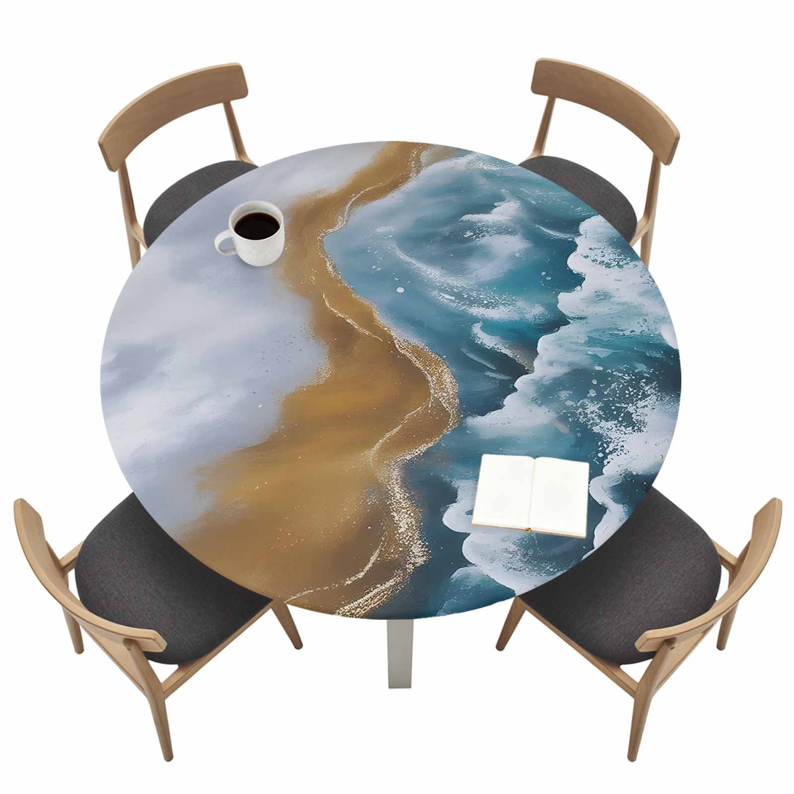 Blue Beach Fitted Tablecloth with Elastic Edged, Round Table Cloth for ...