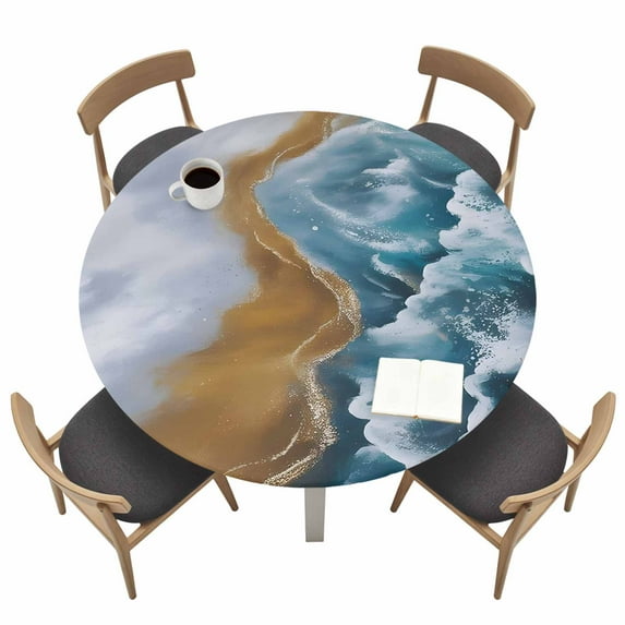 Blue Beach Fitted Tablecloth with Elastic Edged, Round Table Cloth for ...
