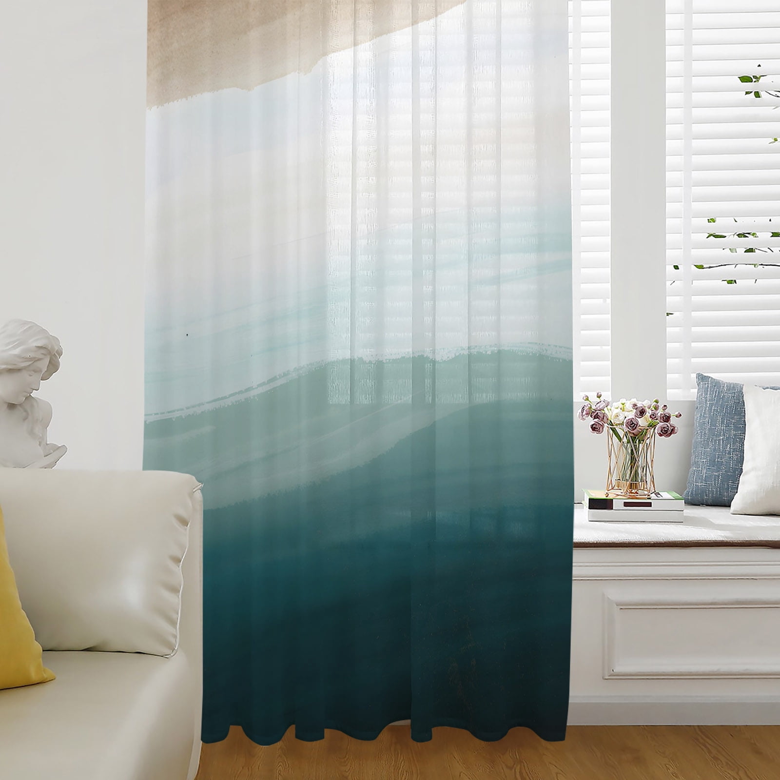 Blue Beach Gradient Sheer Curtains 45 Inch Length, Light Filtering ...
