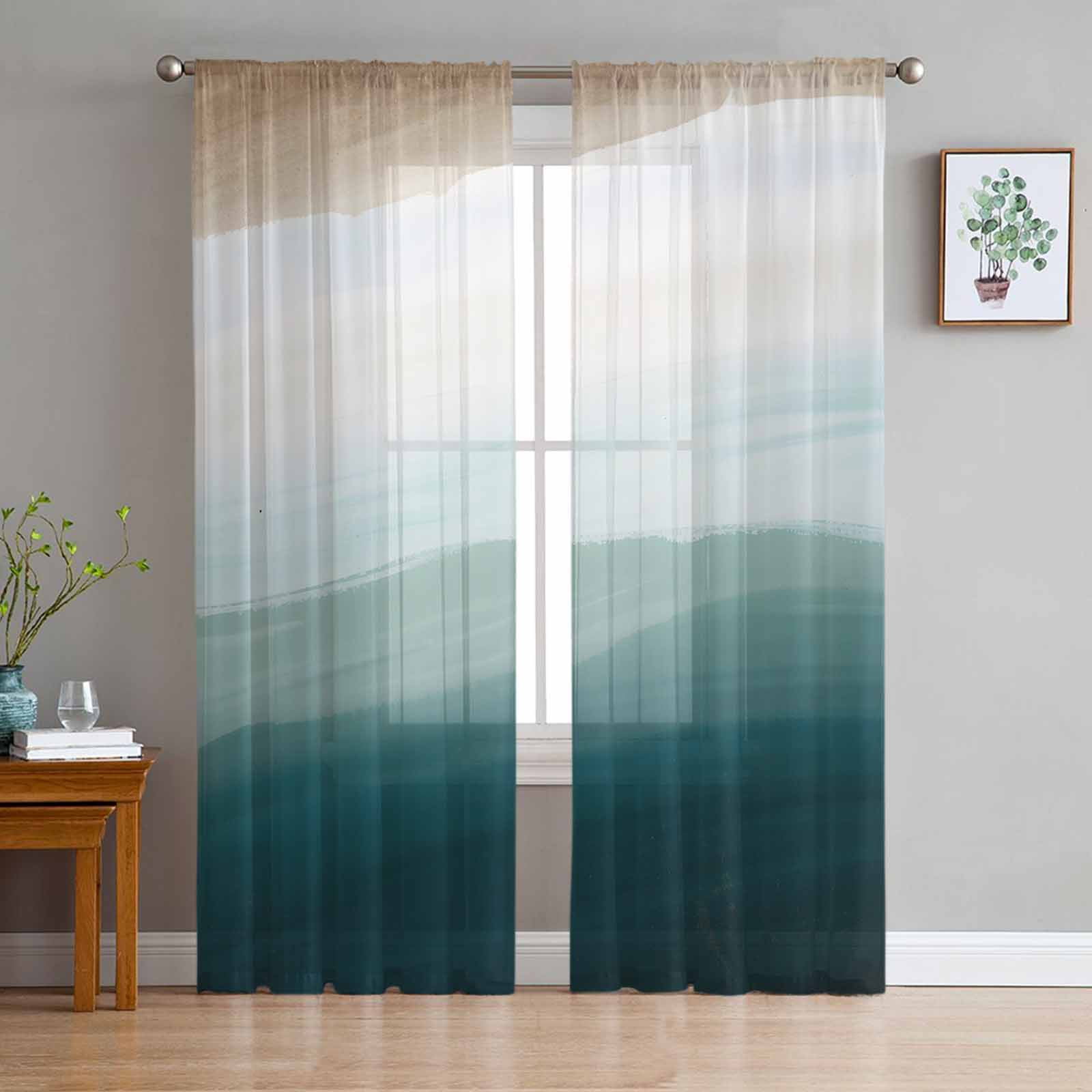 Blue Beach Gradient Sheer Curtains 96 Inches Long 2 Panels Set, Window ...