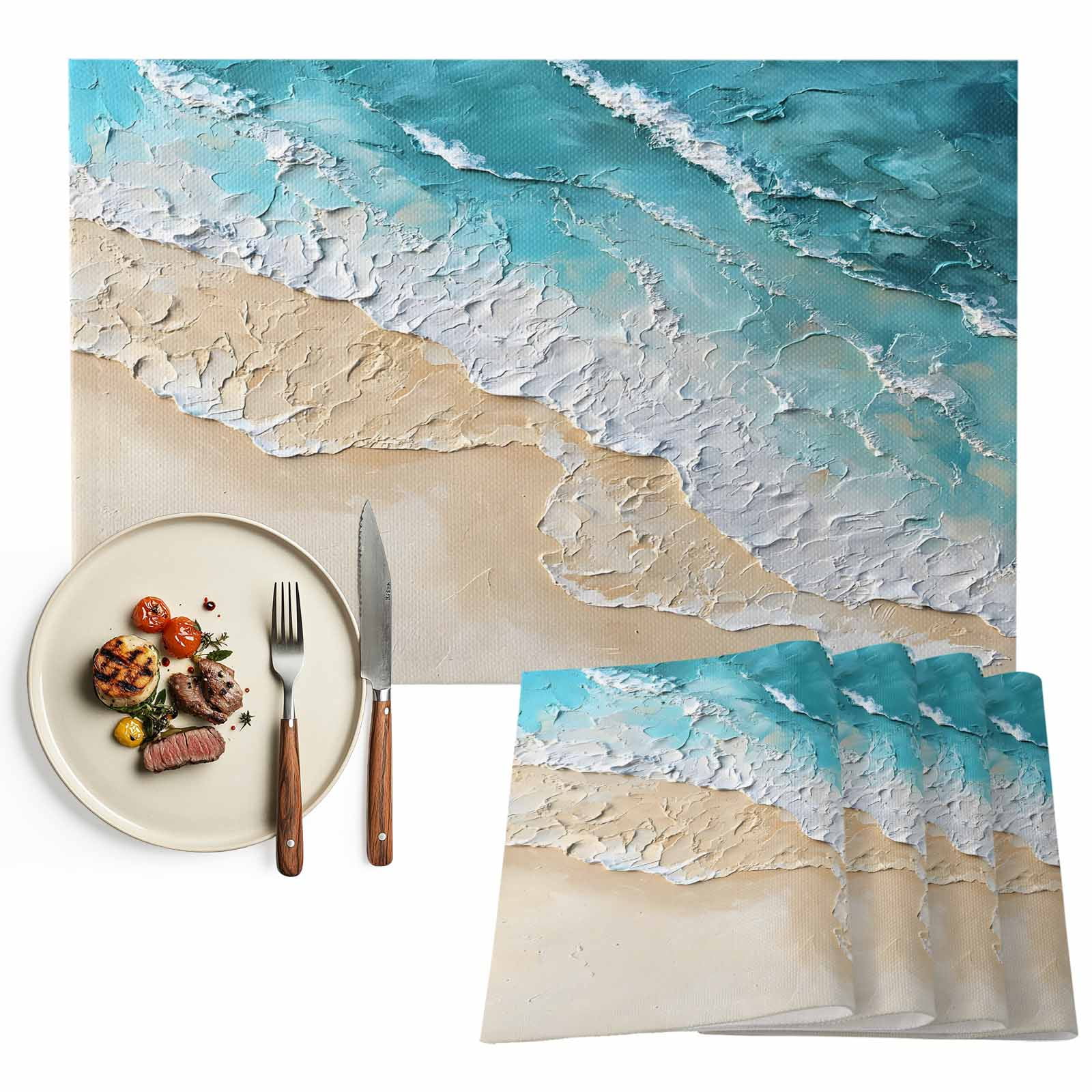 Blue Beach Ocean Placemats Set of 6, Abstract Seascape Modern Art Table ...