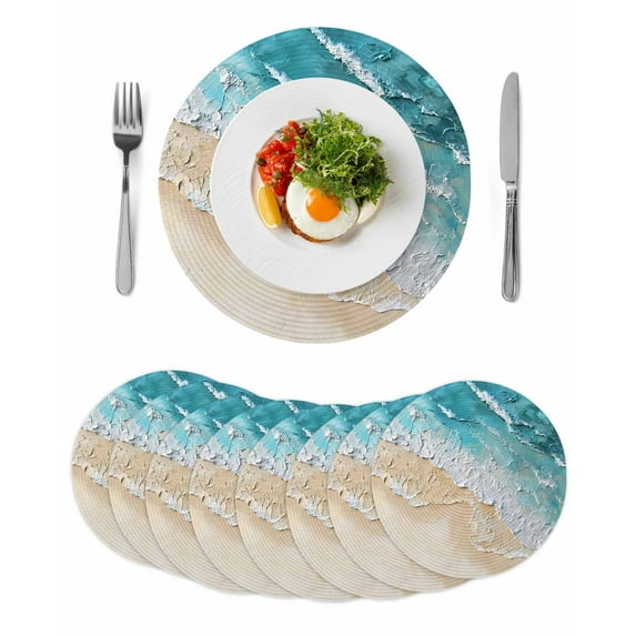 Blue Beach Ocean Round Table Placemats set of 8, Abstract Seascape ...