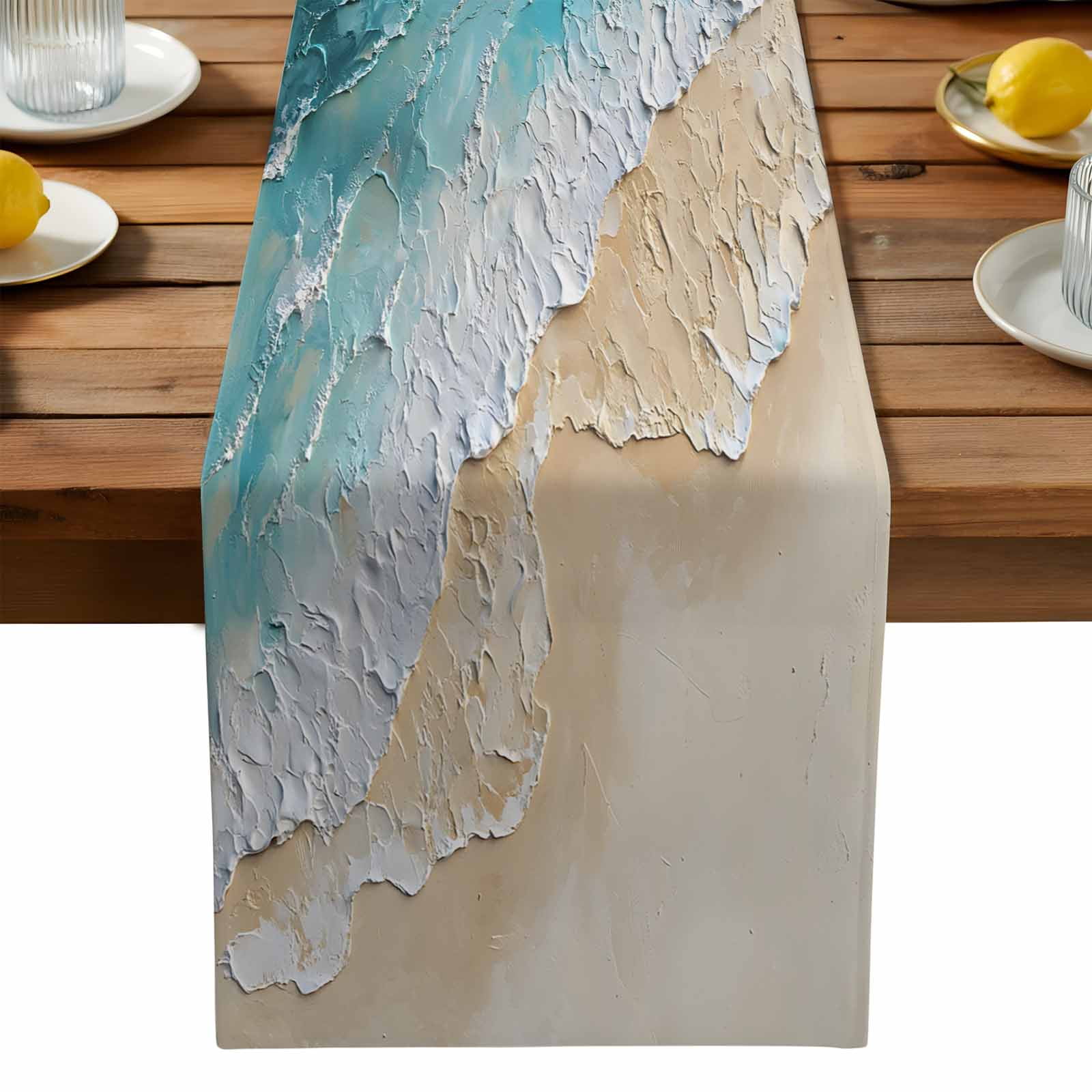 Blue Beach Ocean Table Runner, Abstract Seascape Modern Art Cotton ...