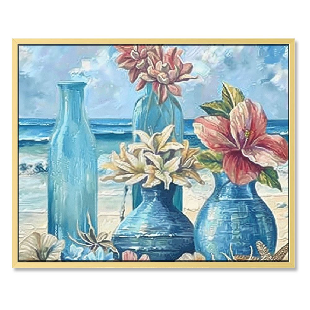 Blue Beach Ocean Theme Flower Picture Wall Art Modern Conch Coastal ...