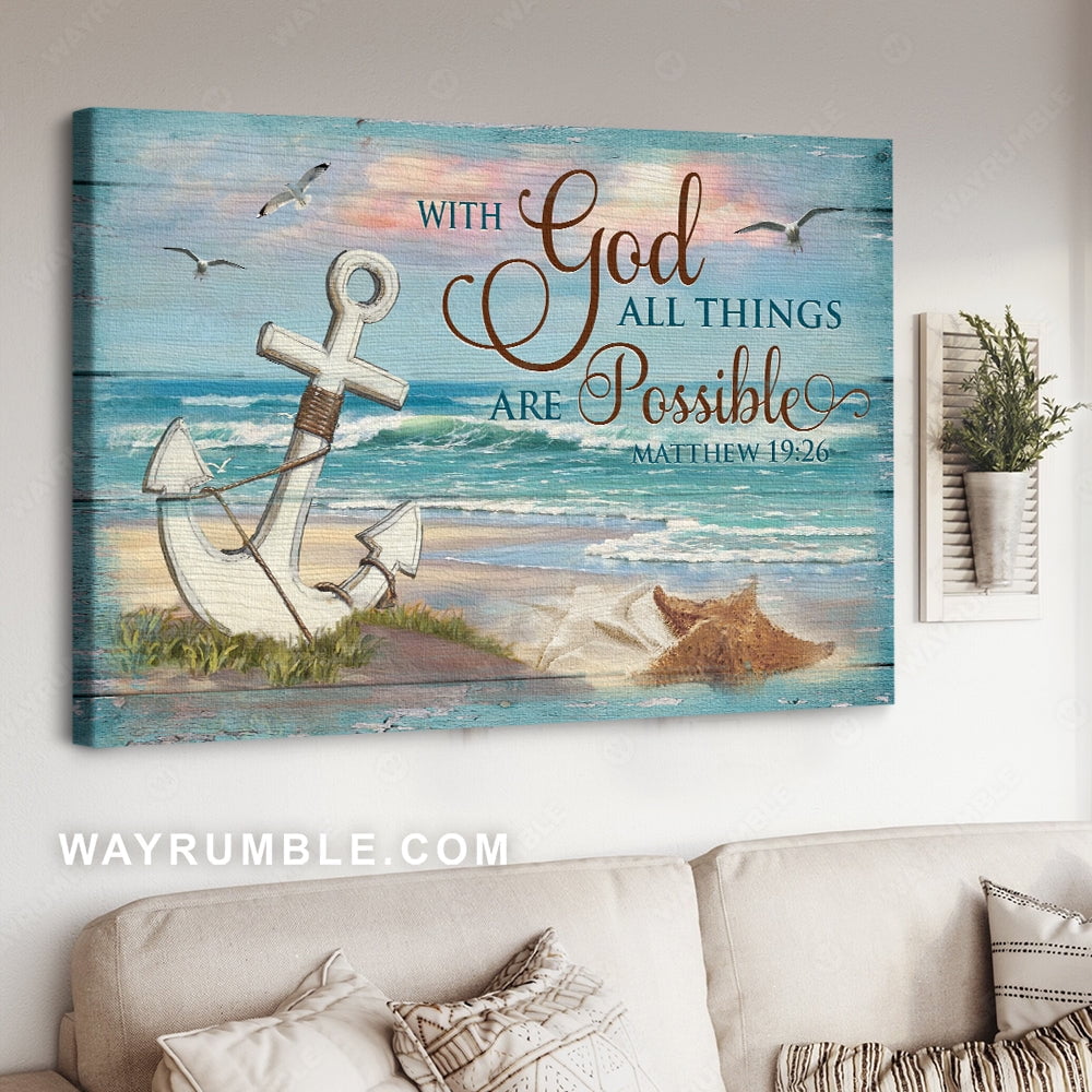 Blue Beach Painting, White Anchor, Sunset, With God All Things Are ...