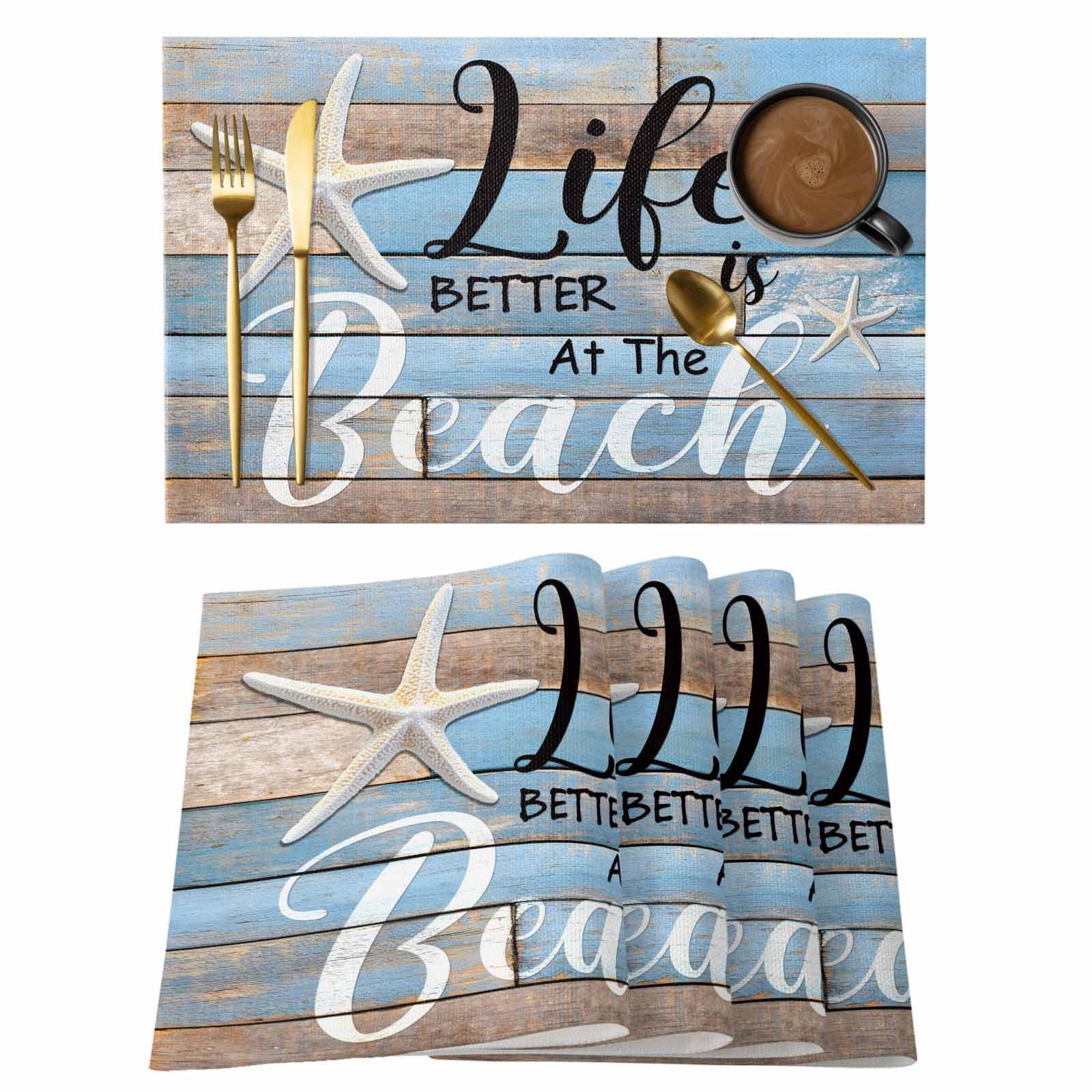 Blue Beach Placemats Set of 12 Coastal Starfish Graffiti Retro Wooden ...