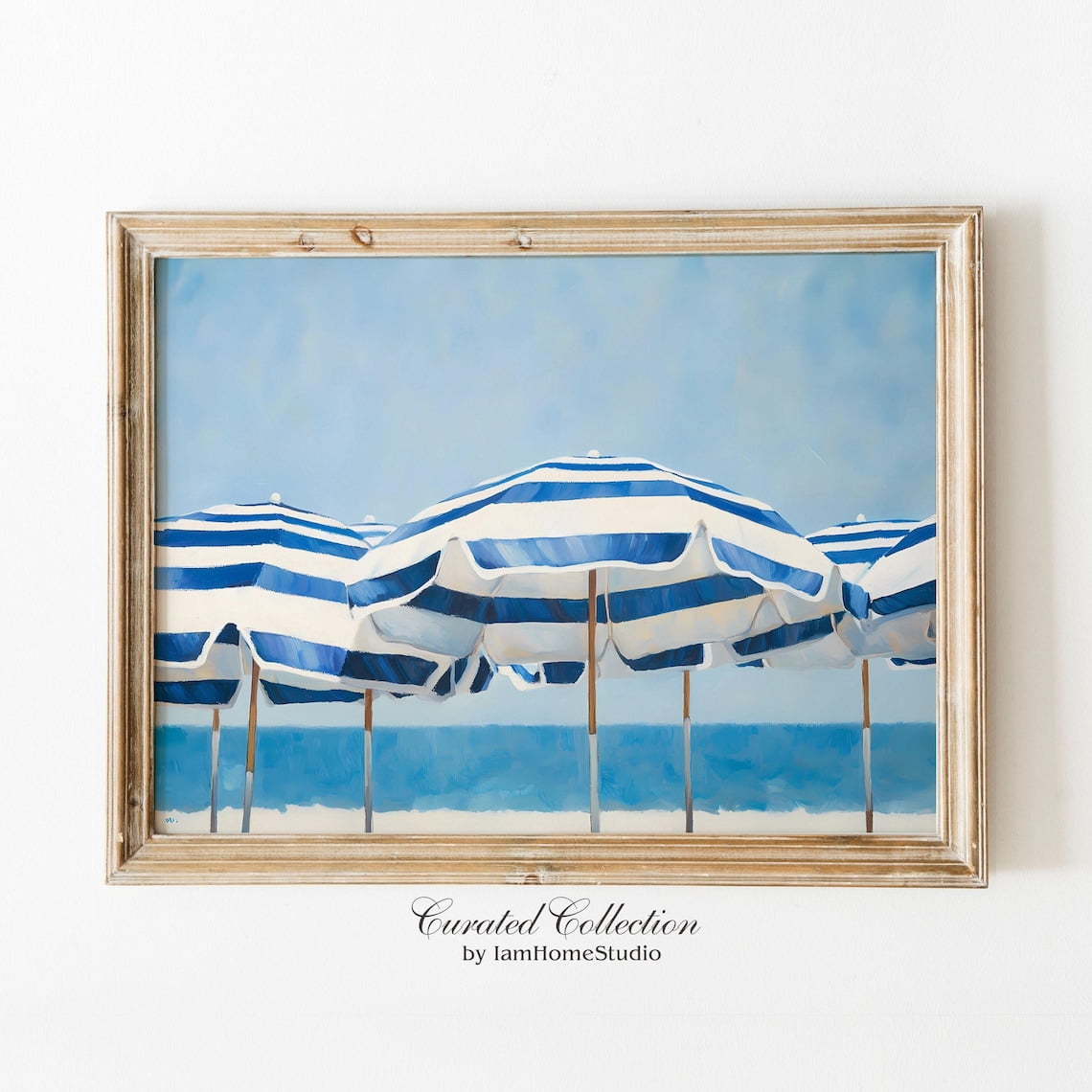 Blue Beach Print, Navy Blue Beach Umbrellas Painting, Vintage Summer ...