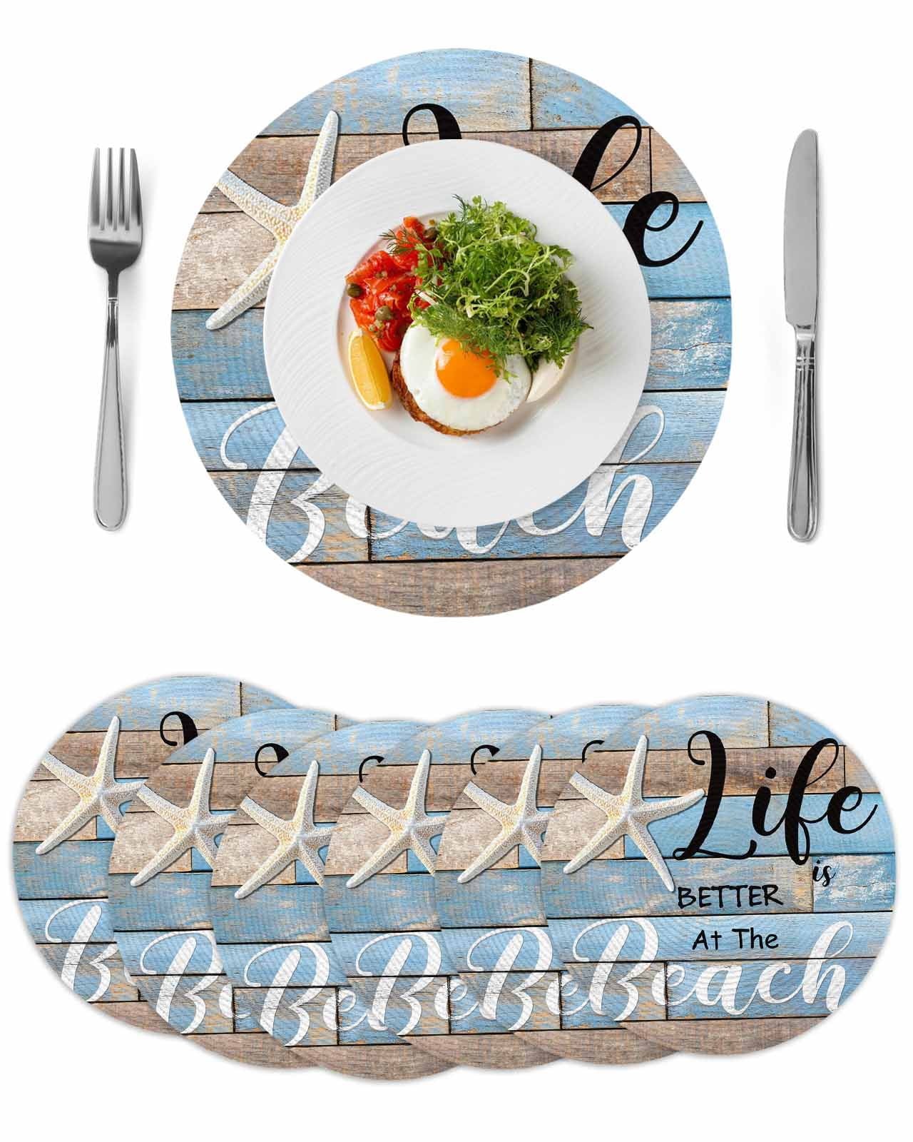 Blue Beach Round 15 Inch Placemats Set of 6, Coastal Starfish Graffiti ...