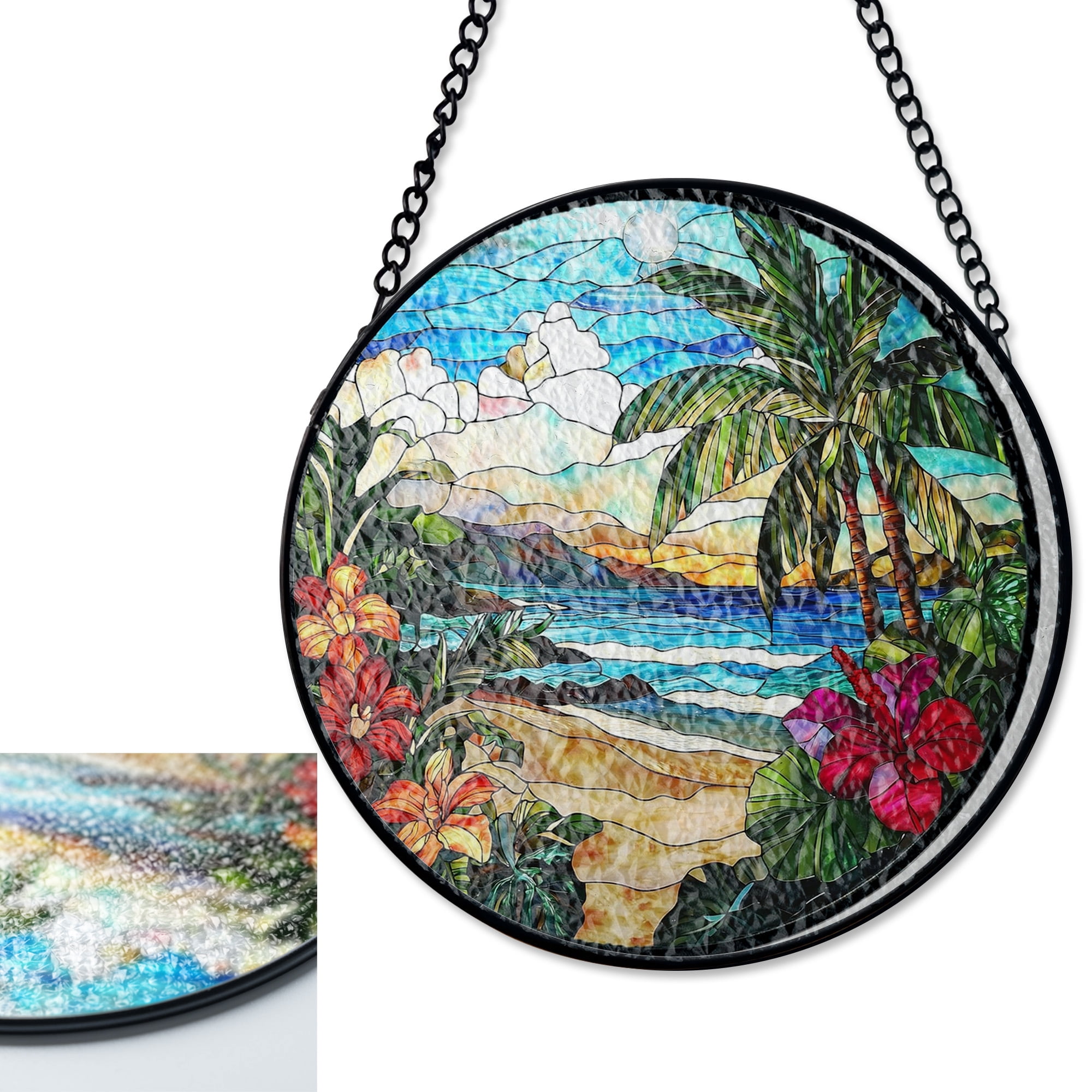 Blue Beach Scenery Stained Glass Suncatcher, Diamond Window Panel ...